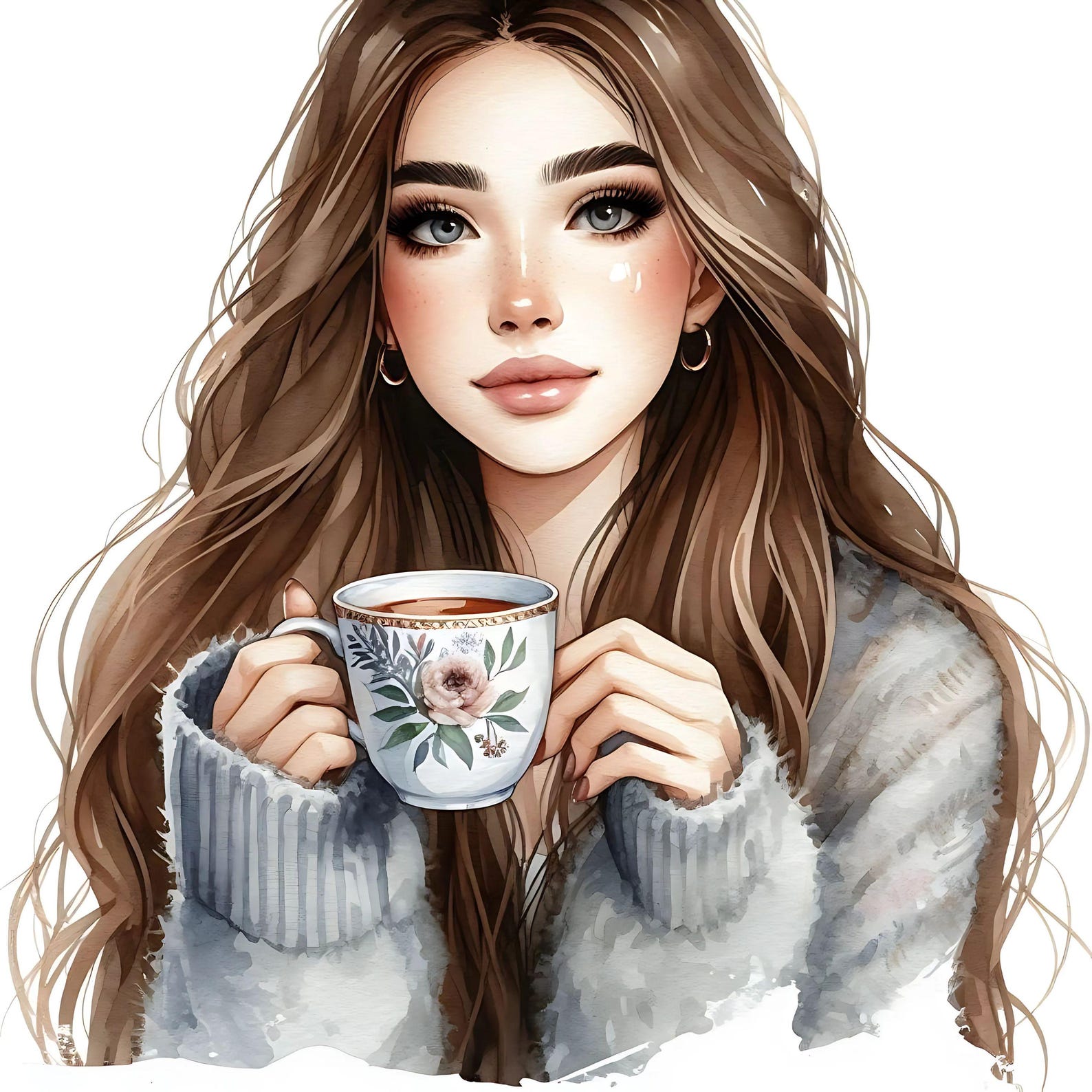 Watercolor Fashion Girl Clipart, 14 JPG High Resolution, Tea Time, Tea ...