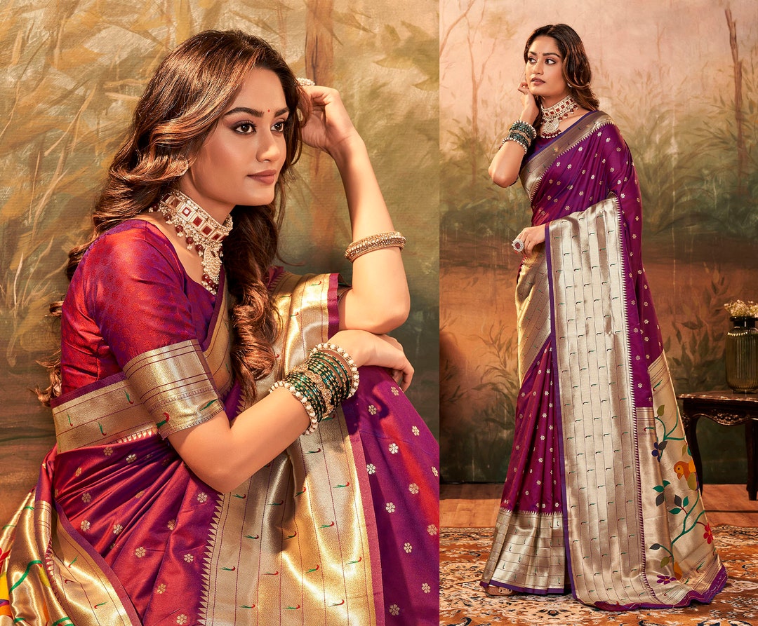 Plum Red Paithani Saree With Broad Munia Border and Pallu - Etsy