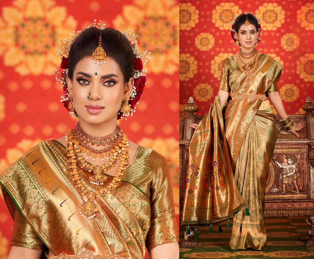 Green Golden Pattu Soft Silk Saree With Zari Woven Tissue Paithani ...
