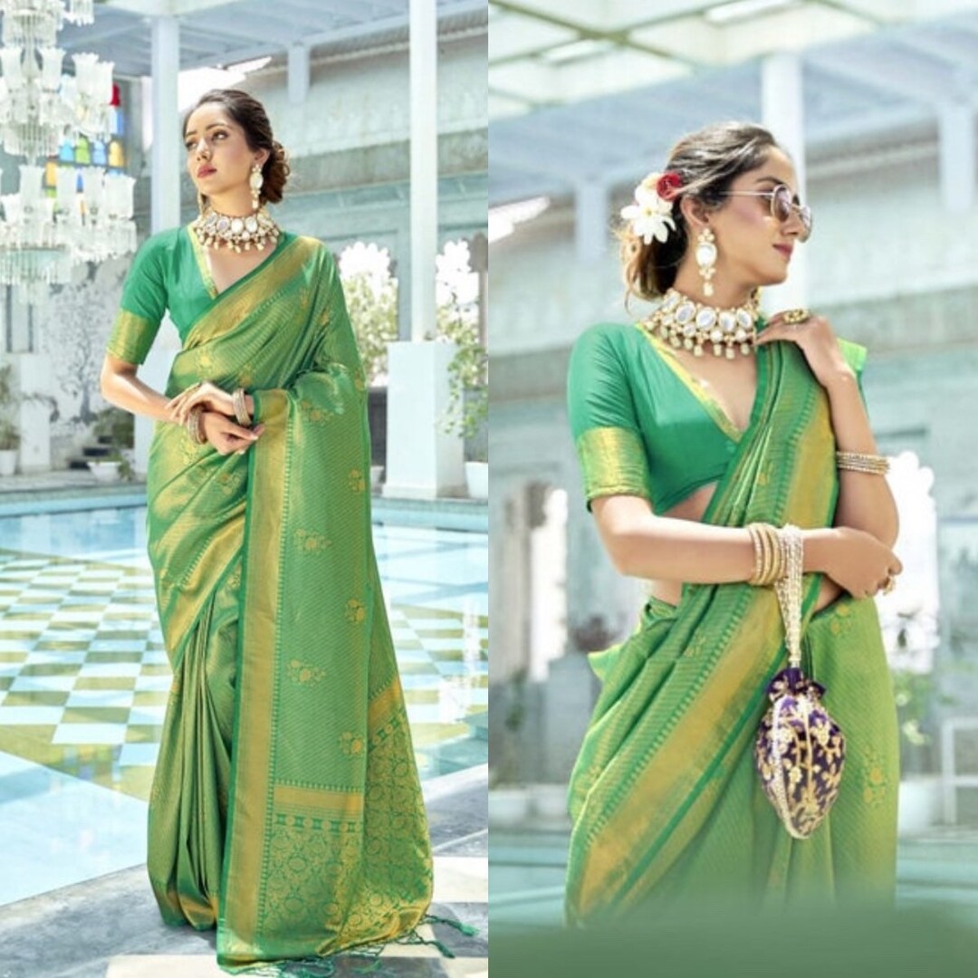Parrot Green Soft Kanjeevaram Silk Saree Chevron Design Saree - Etsy
