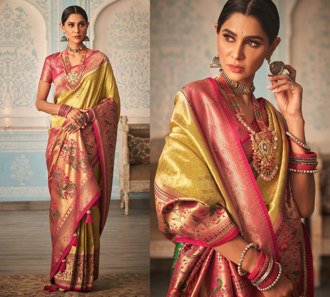 Yellow Pink Silk Paithani Saree With Paithani Border Paithani Pallu and ...