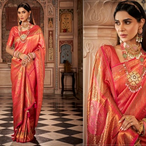 Coral Orange Kanjivaram Pattu Silk Saree for Woman With Embossed Real ...