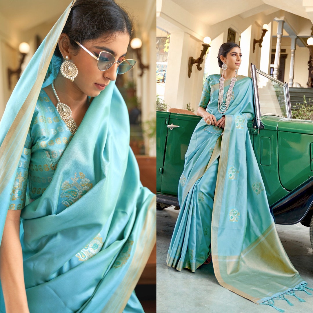 Light Blue Soft Weaving Silk Saree With Golden and Silver Zari Woven ...