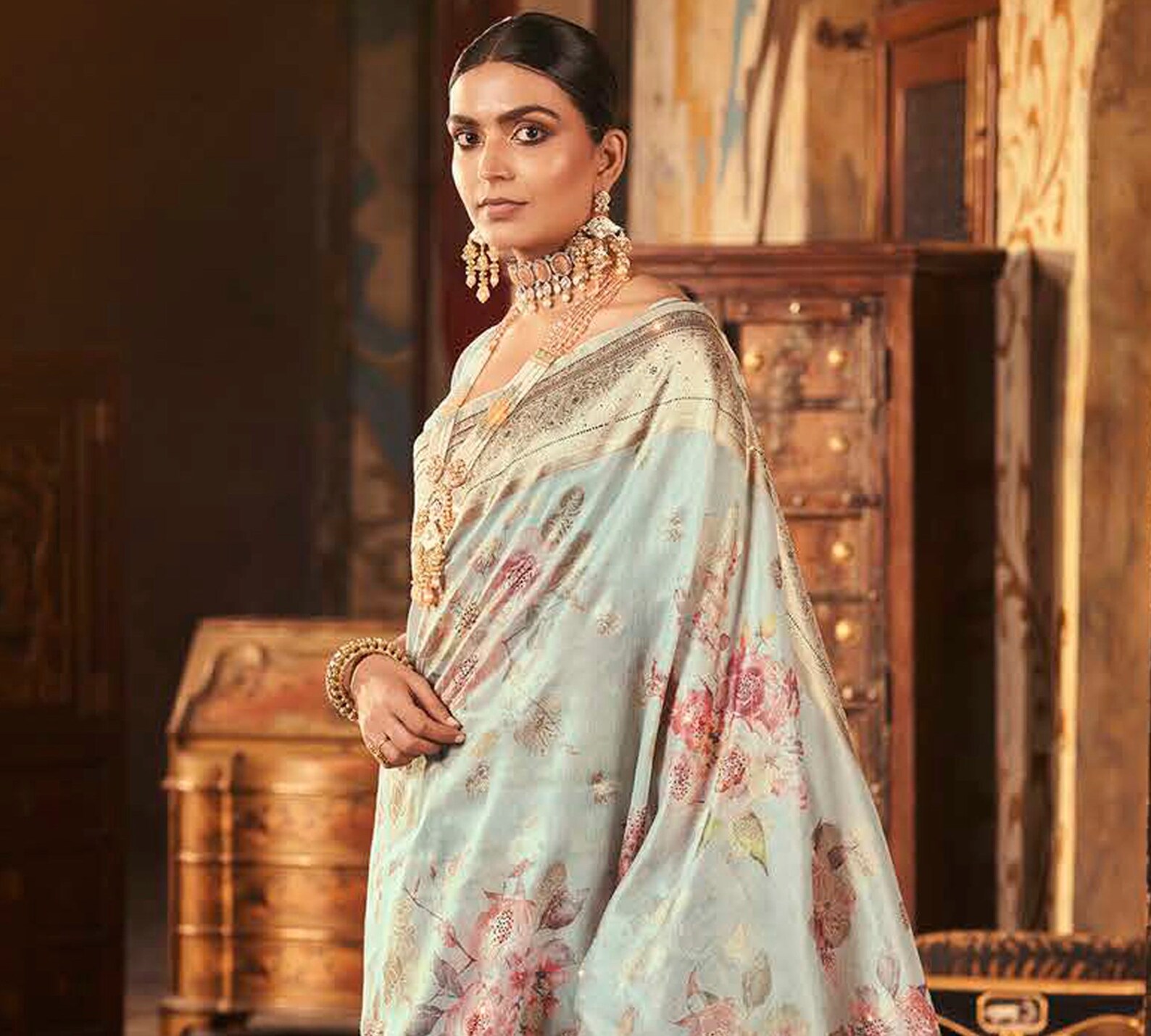 Powder Blue Floral Kanchi Pattu Saree With Embossed Real - Etsy