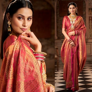 Coral Orange Kanjivaram Pattu Silk Saree for Woman With Embossed Real ...