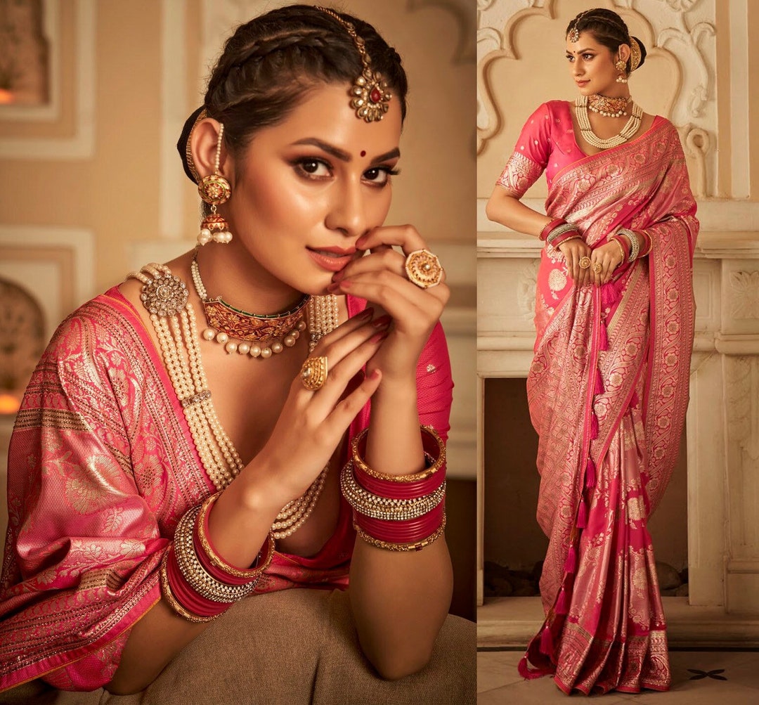Light Pink Pure Banarasi Silk Saree for Woman With Antique Real Zari ...