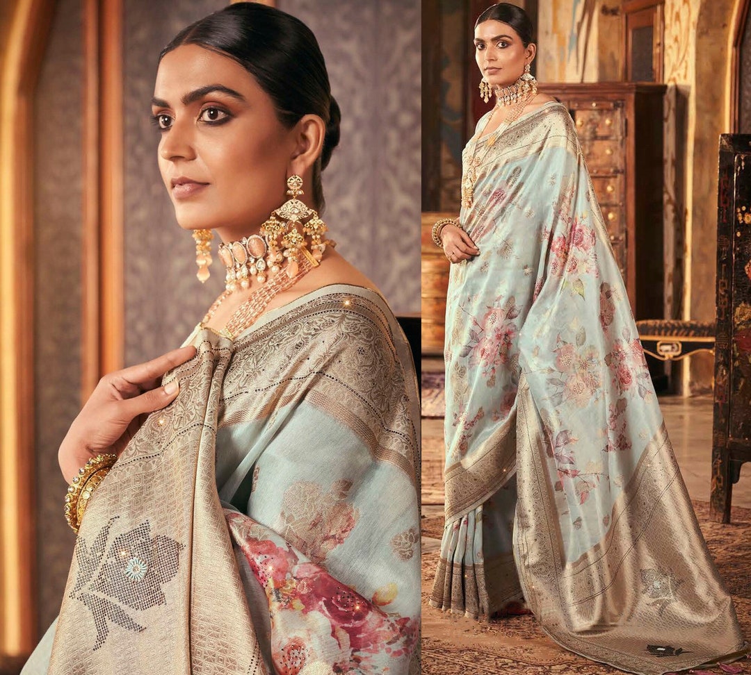 Powder Blue Floral Kanchi Pattu Saree With Embossed Real Swarovski ...