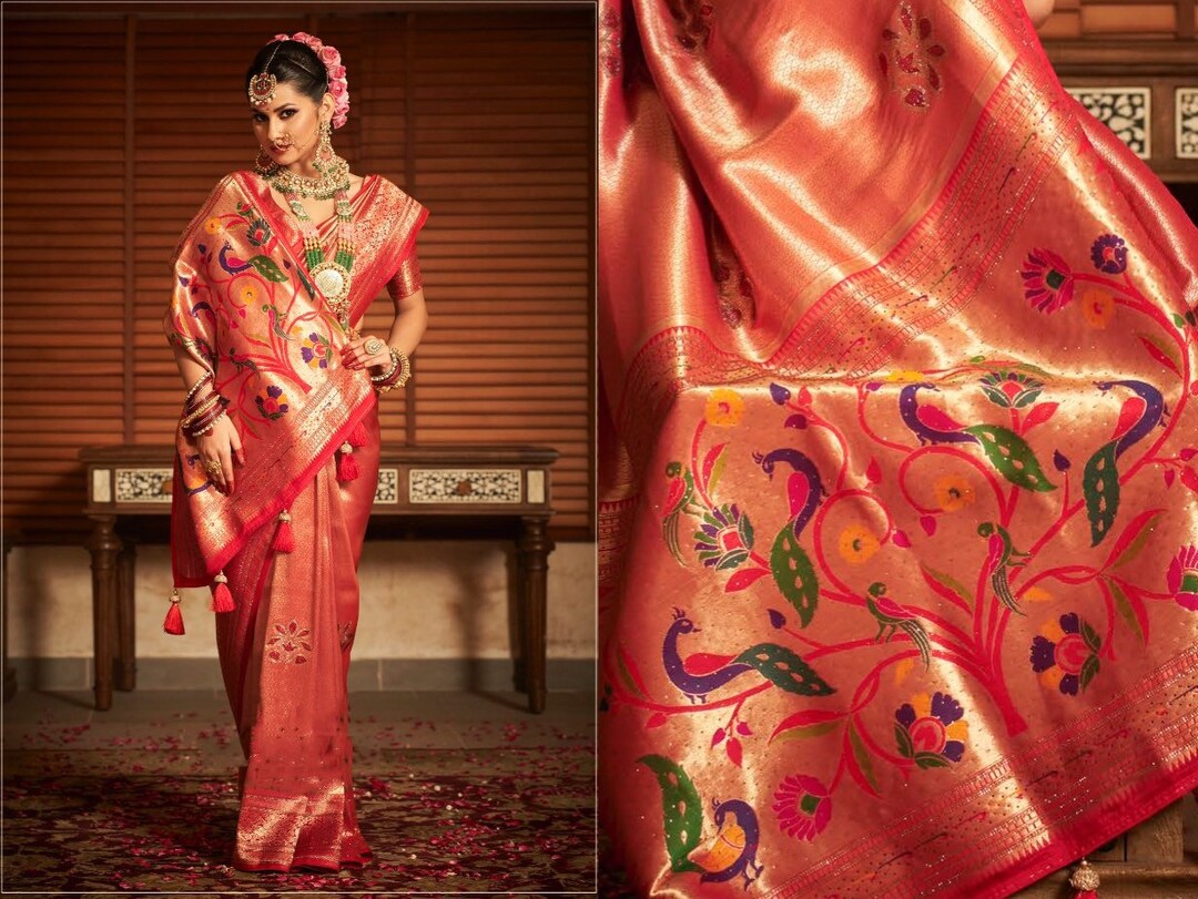 Red and Golden Pure Paithani Silk Pattu Saree With Embossed Real ...