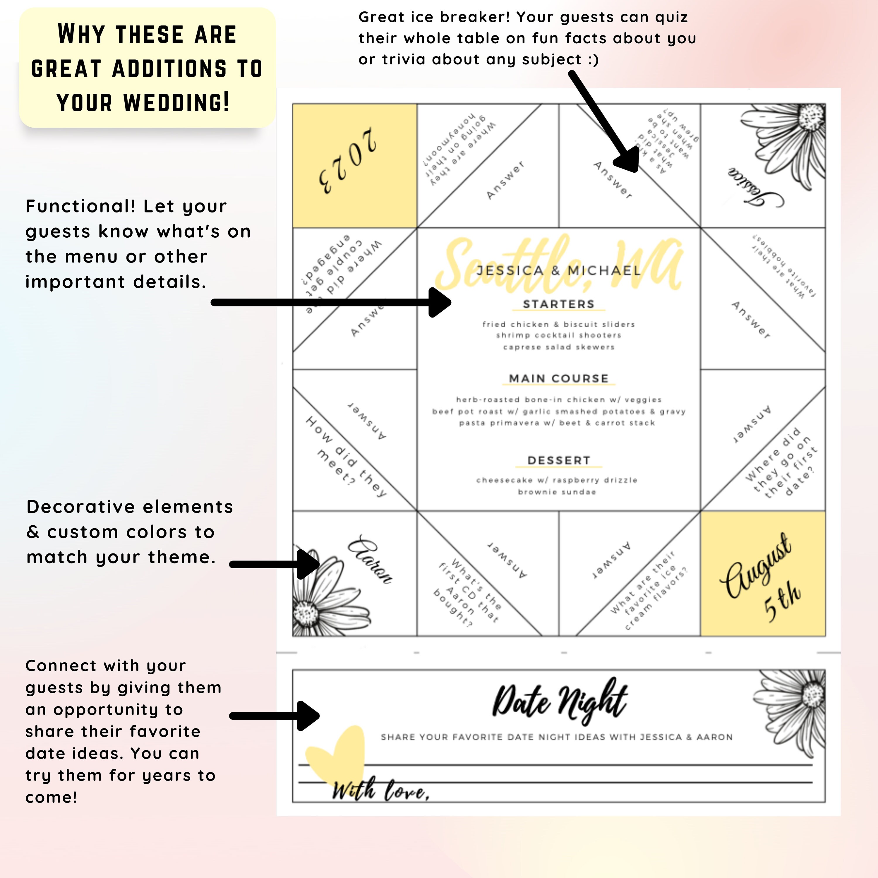 Sunflower Cootie Catcher Template for Wedding, Editable Cootie Catcher ...