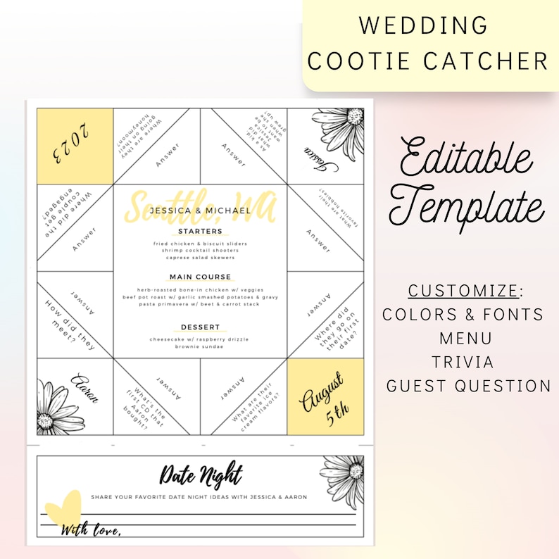 Sunflower Cootie Catcher Template for Wedding, Editable Cootie Catcher ...