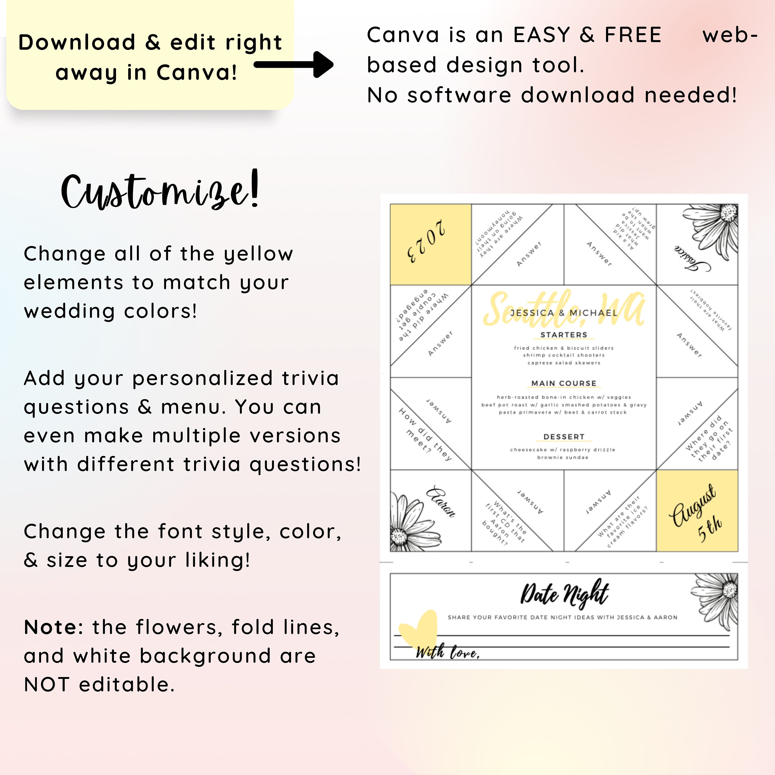 Sunflower Cootie Catcher Template for Wedding, Editable Cootie Catcher ...