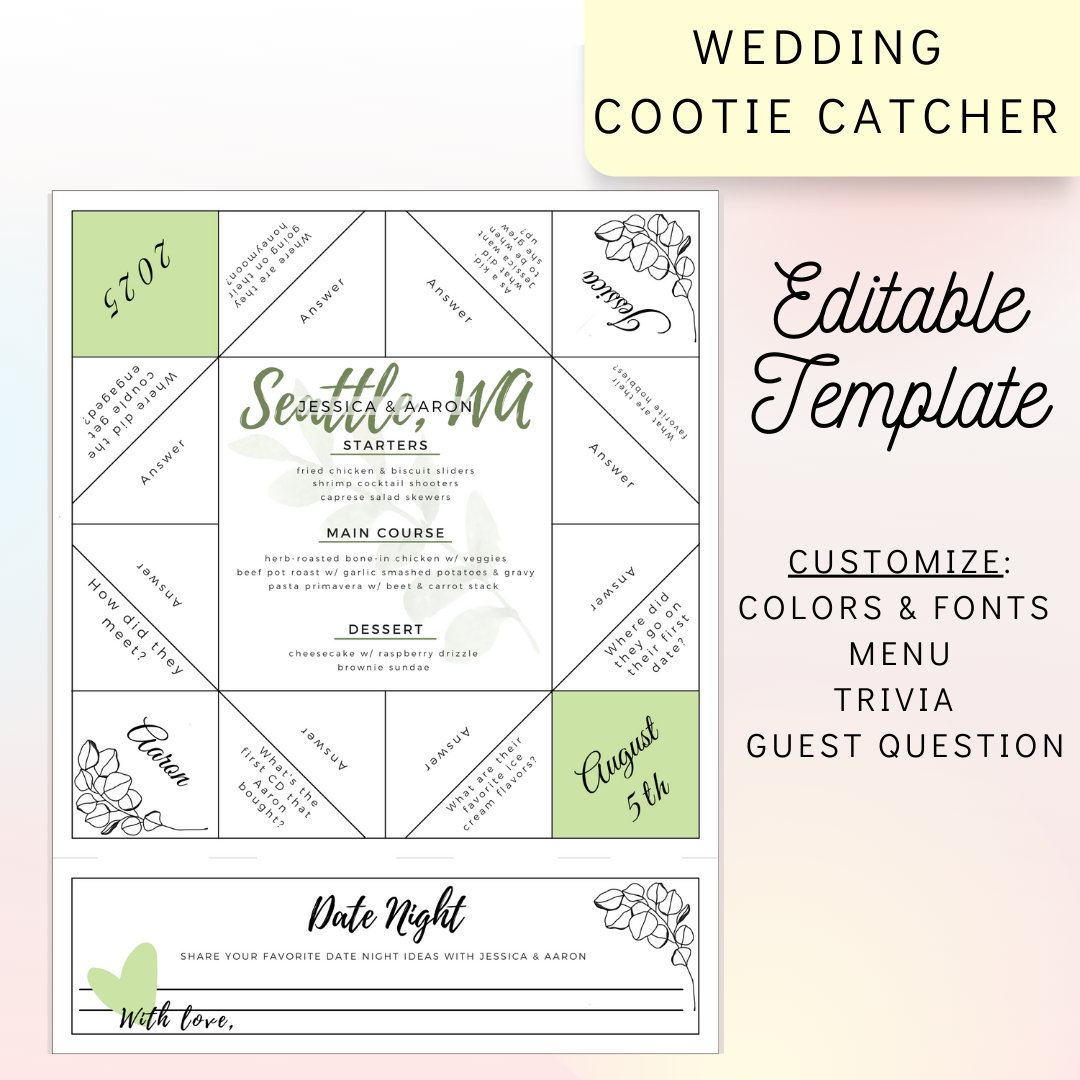 Eucalyptus Cootie Catcher Template for Wedding, Editable Cootie Catcher ...