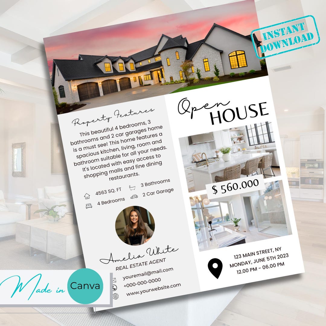 Editable Real Estate Flyer Template Open House Canva Design Realtor ...