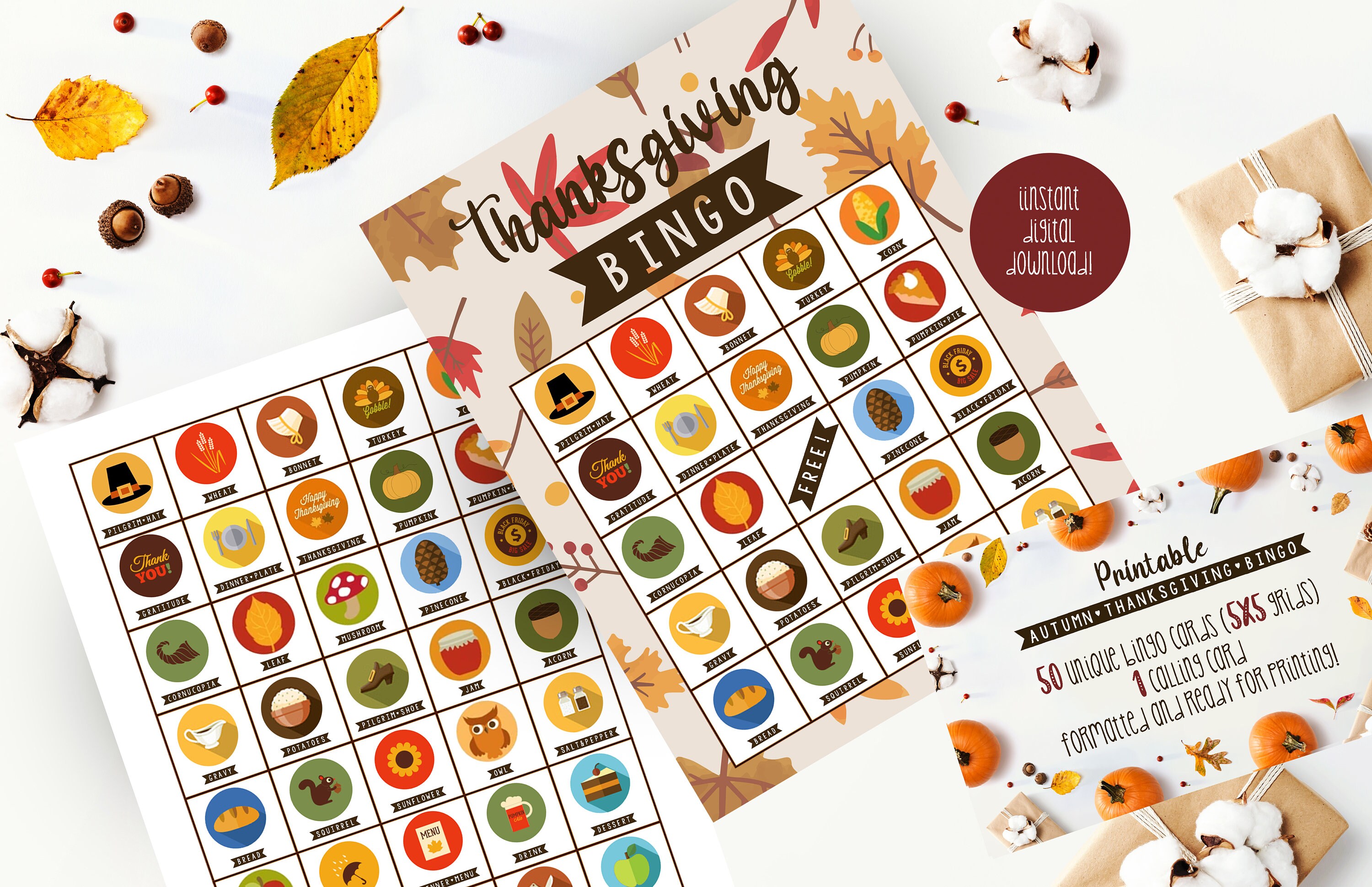 50 Fall Thanksgiving Bingo Cards, Printable Thanksgiving Bingo ...