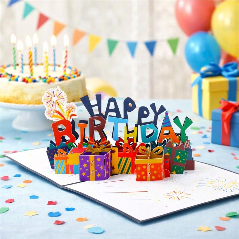 3D Pop up Birthday Card – Colorful Gift Box Card, Unique Handmade Happy ...