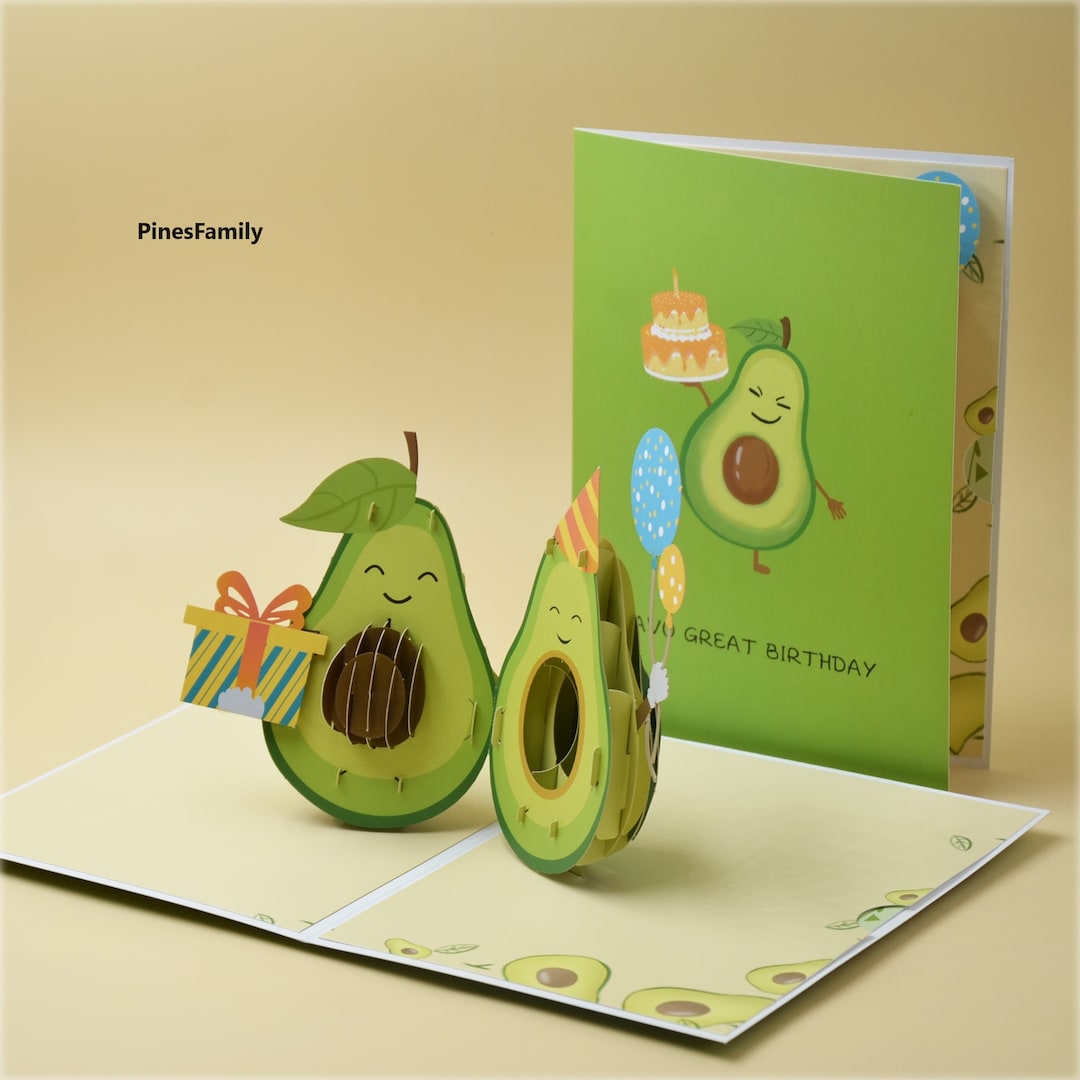S01-adorable 3D Pop-up Birthday Card: Cute Cartoon Avocado Design ...
