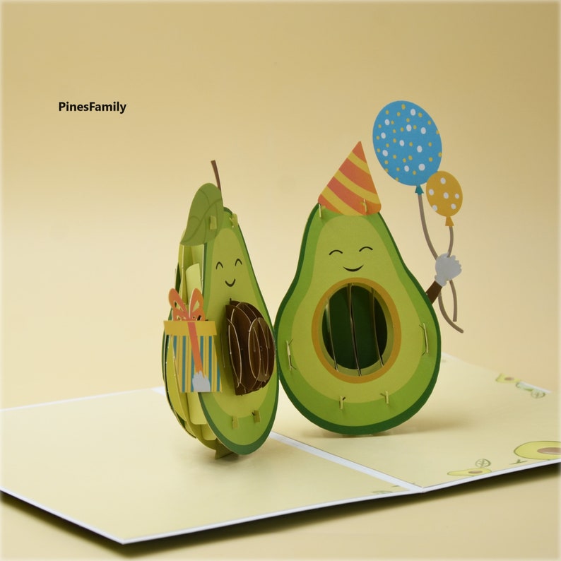 S01-adorable 3D Pop-up Birthday Card: Cute Cartoon Avocado Design ...