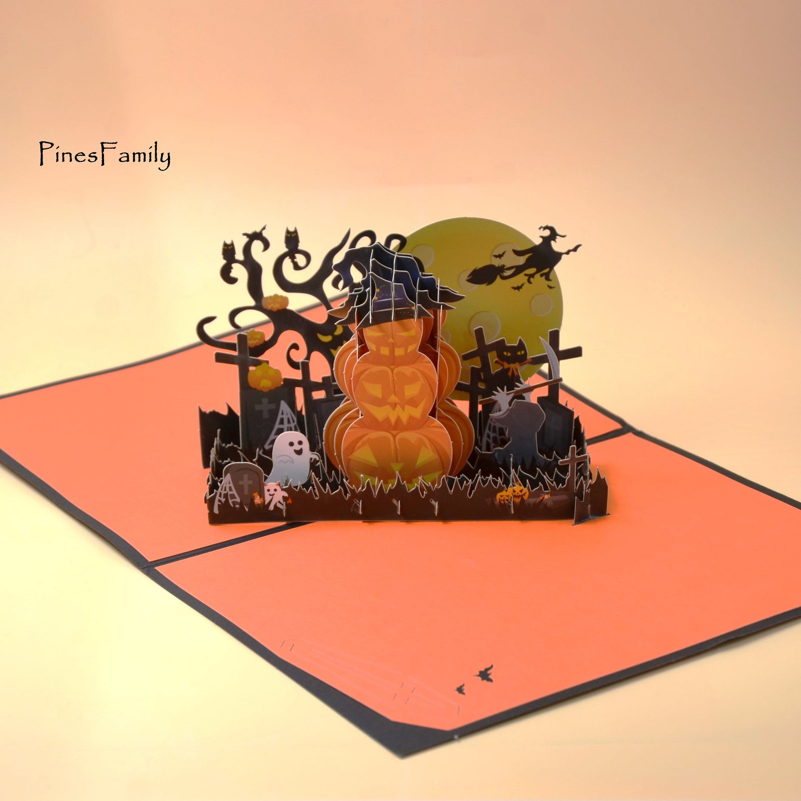 D01-spooky Halloween 3D Pop-up Card - Pumpkin, Bat, Moon, Ghost, Witch ...