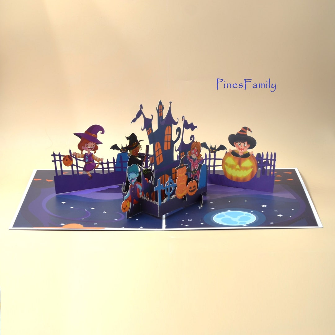 D04-spooky Halloween 3D Pop-up Card - Pumpkin, Bat, Moon, Castle, Witch ...