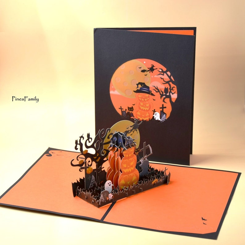 D01-spooky Halloween 3D Pop-up Card - Pumpkin, Bat, Moon, Ghost, Witch ...