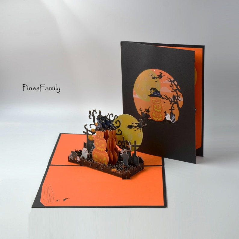 D01-spooky Halloween 3D Pop-up Card - Pumpkin, Bat, Moon, Ghost, Witch ...