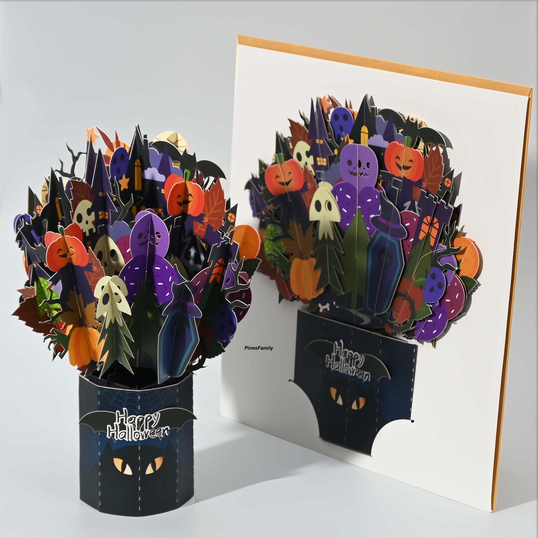 D05-halloween Elements 3D Pop-up Card - Pumpkin, Bat, Moon, Ghost ...