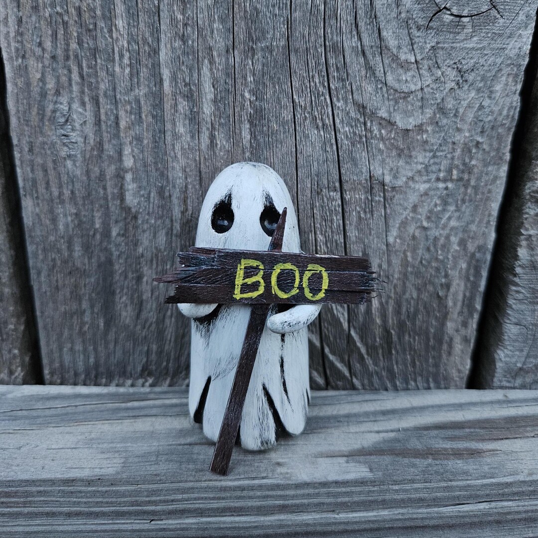 Dirty BOO Ghostie! ;) Handmade Polymer Ghost Holding a Handmade Wooden ...