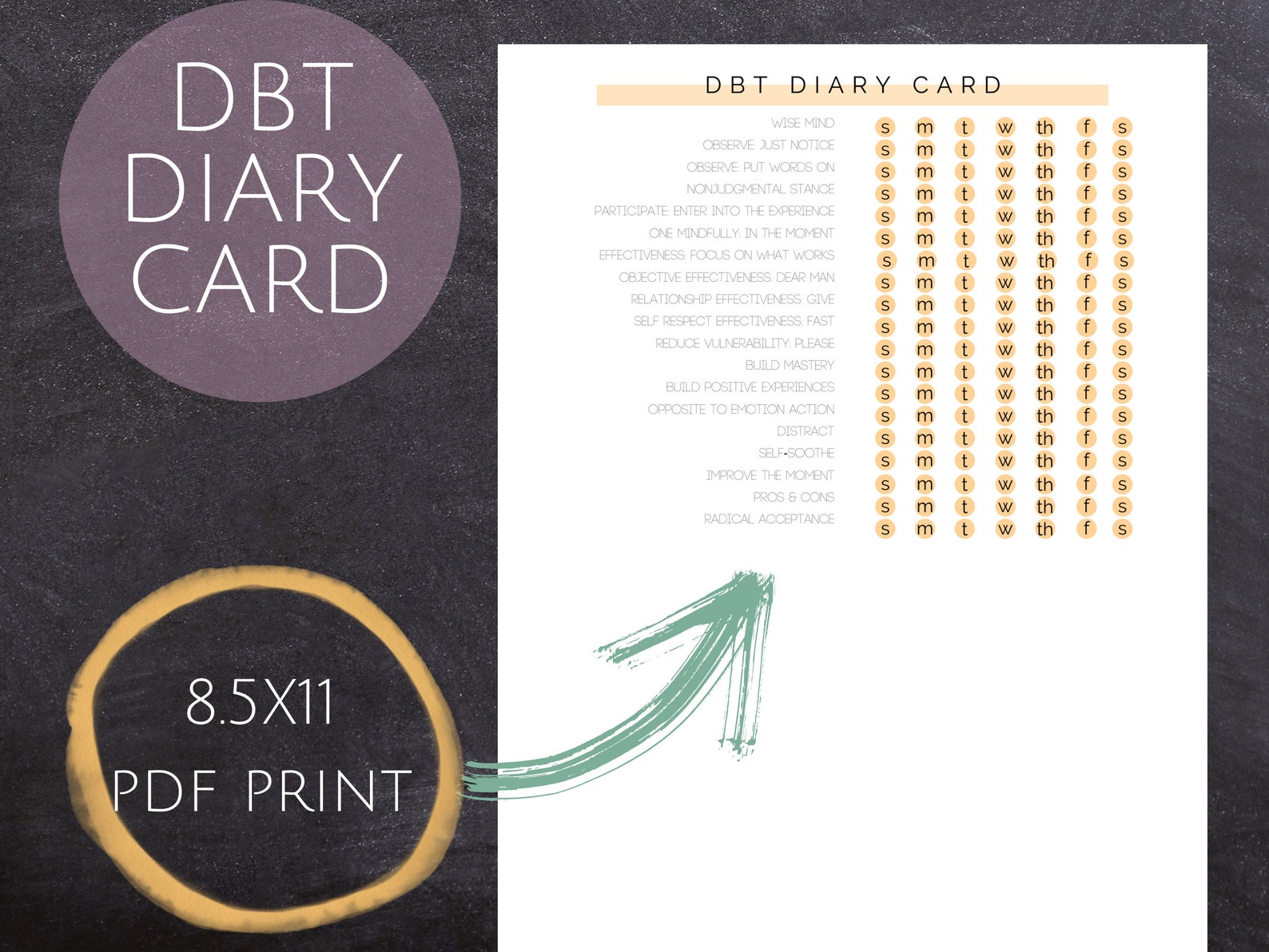 DBT Diary Card | Weekly Skills | DBT Therapy | DBT Skills | Dbt ...