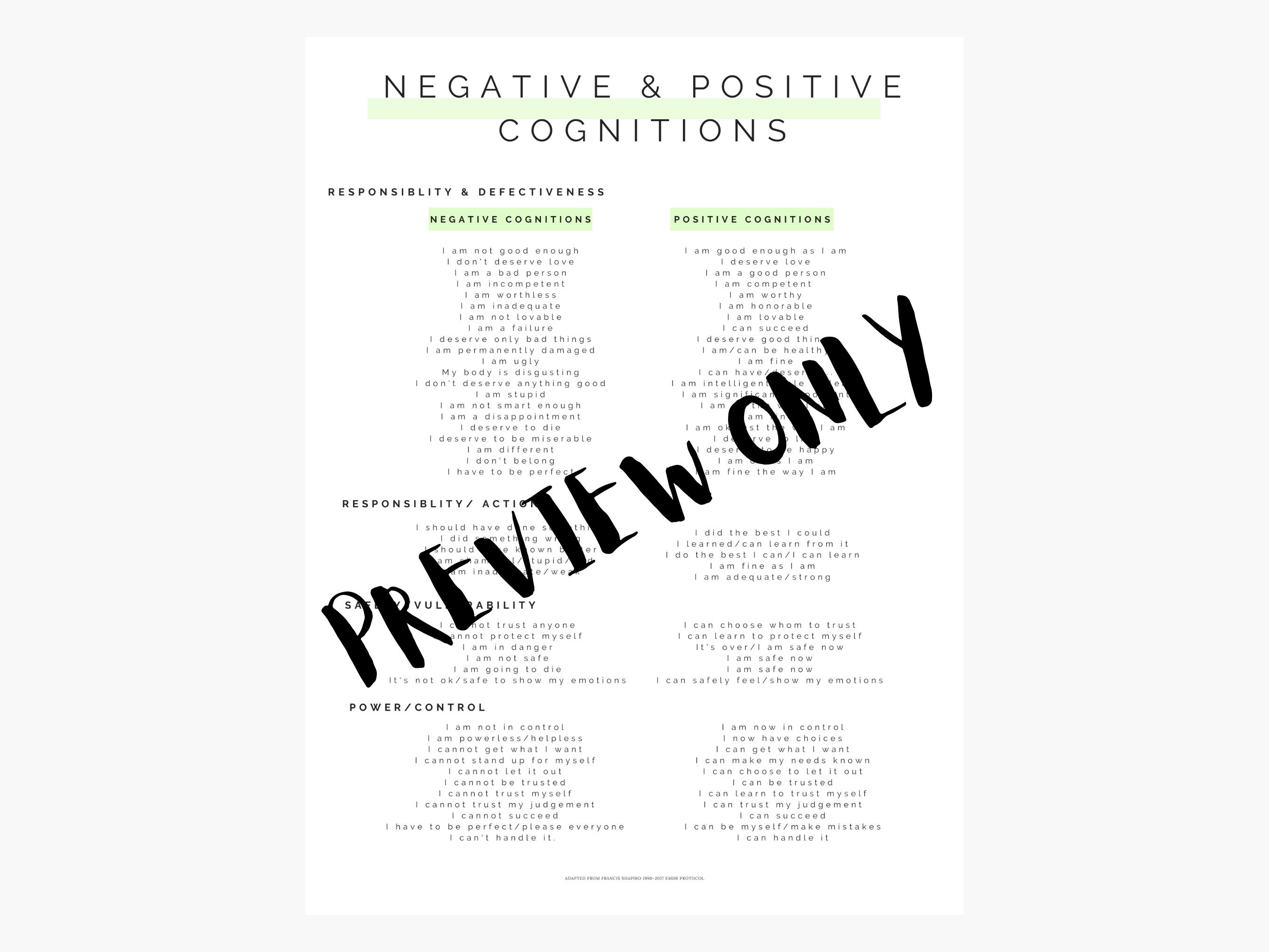 EMDR Negative and Positive Cognition List for Therapists | EMDR Therapy ...