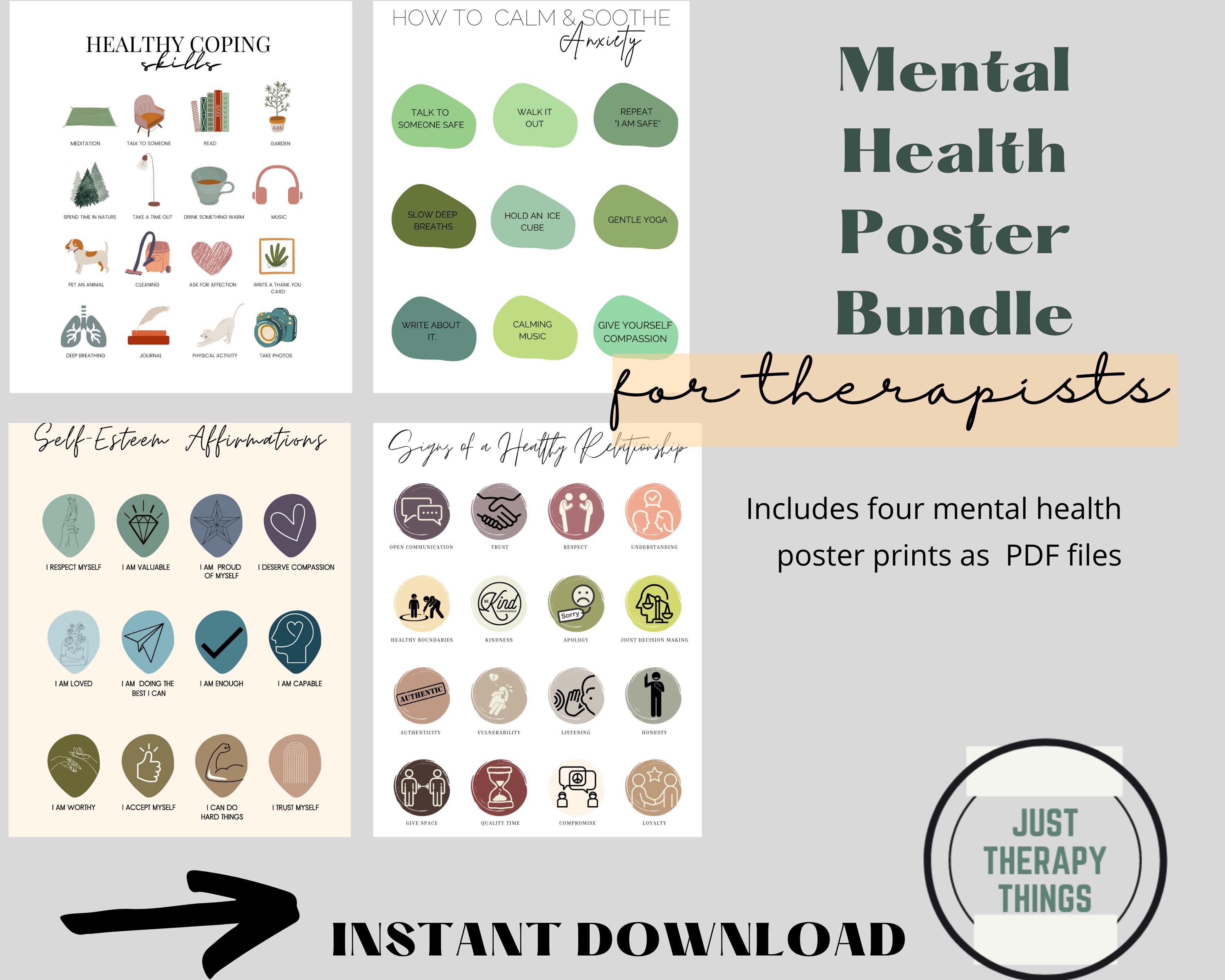 Healthy Coping Skills Prints Mental Health Poster Set therapy Self ...