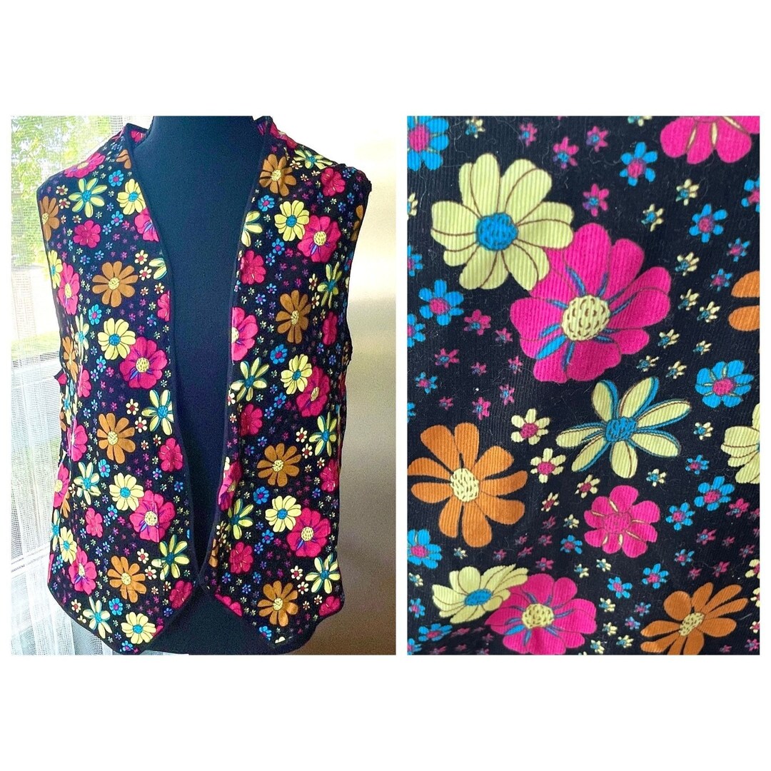 Vintage Hippie Vest, Flower Power Vest, Pinwale Corduroy Hippie Vest ...