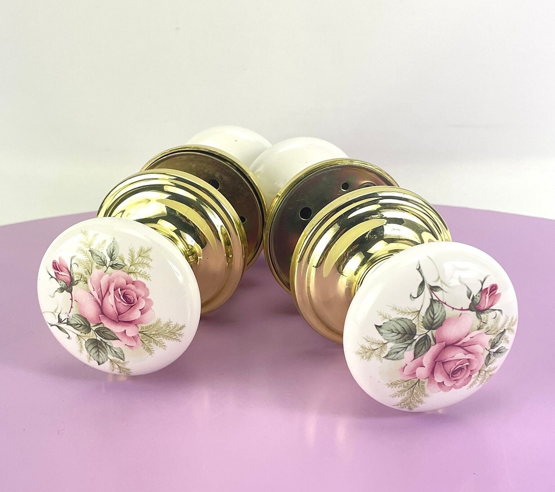 Vintage 80s Porcelain Door Knobs, Pink and White Floral Interior Door ...
