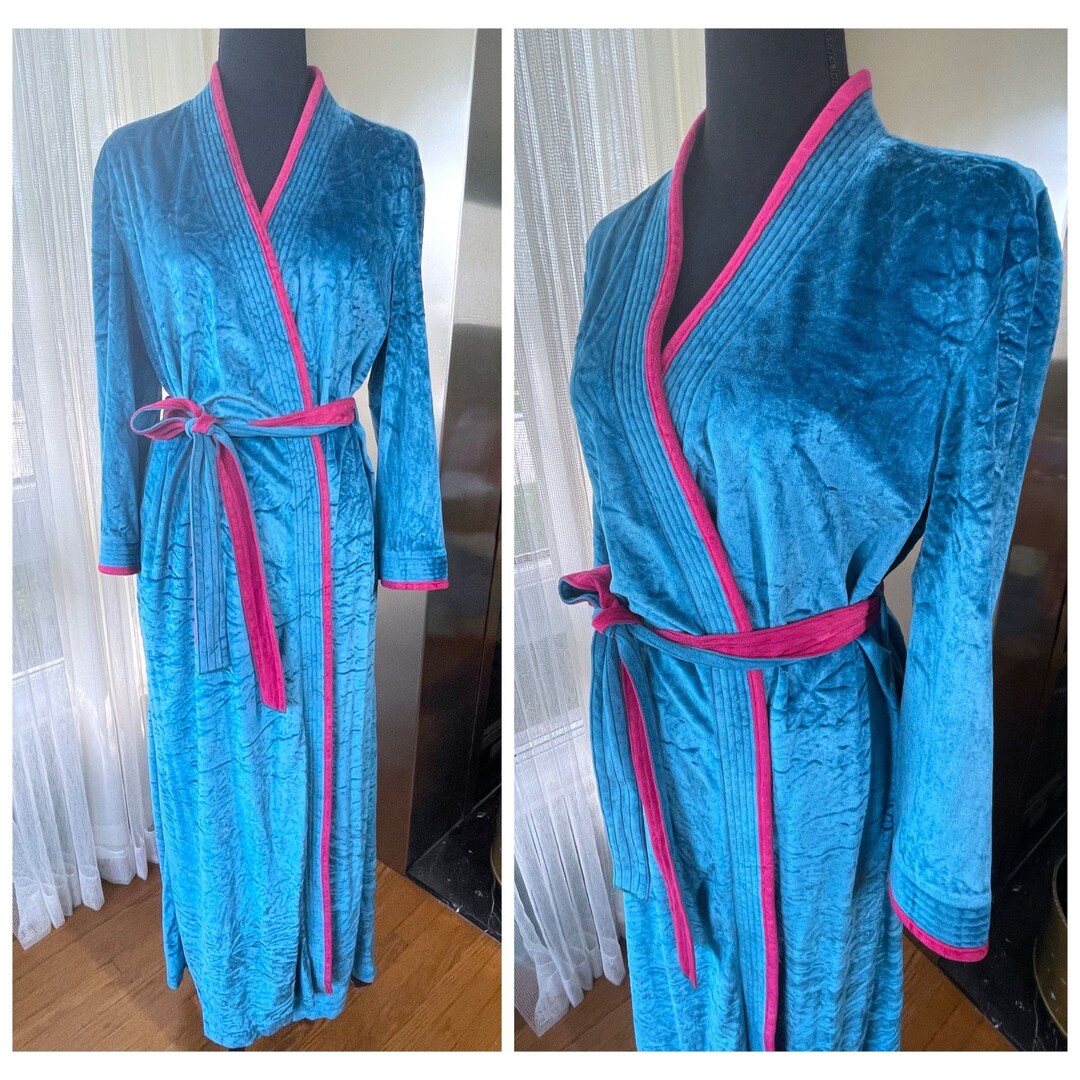 Vintage 80s Sears Robe, Blue and Pink Crushed Velvet House Dress, Soft ...