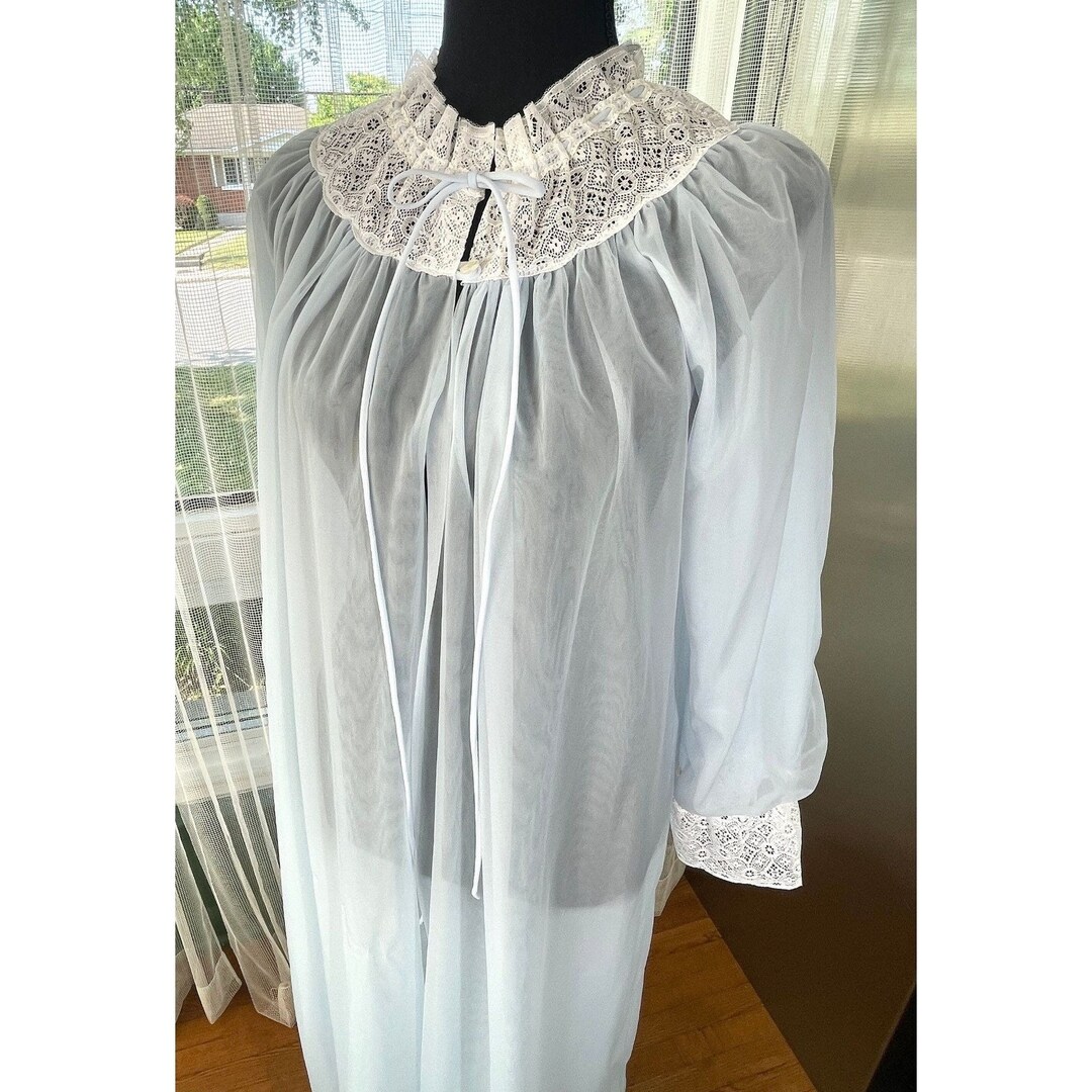 Vintage 1960s Peignoir, Blue Chiffon, Long Sleeves, Open Front Robe ...