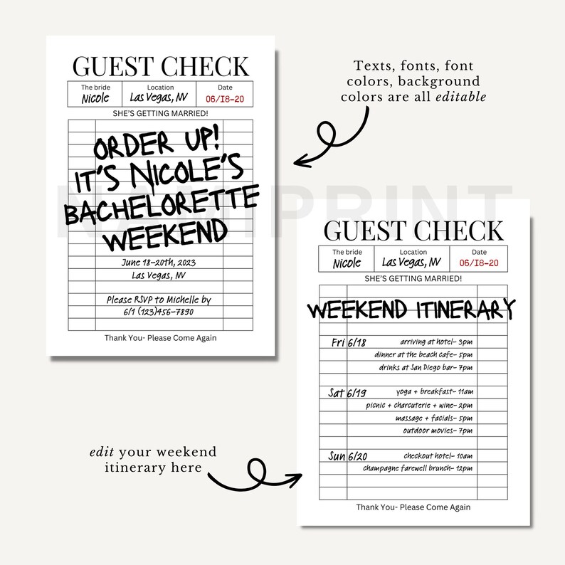Retro Guest Check Bachelorette Itinerary Template, Bachelorette Party ...