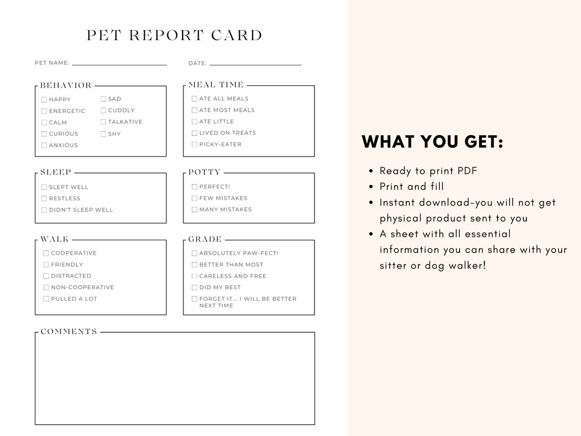 Printable Pet Report Card for Dog Boarding and Pet Sitting - Etsy