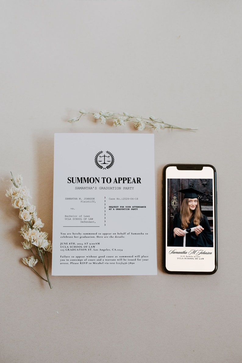 Summon to Appear Evite, Law School Graduation Party Digital Invitation ...