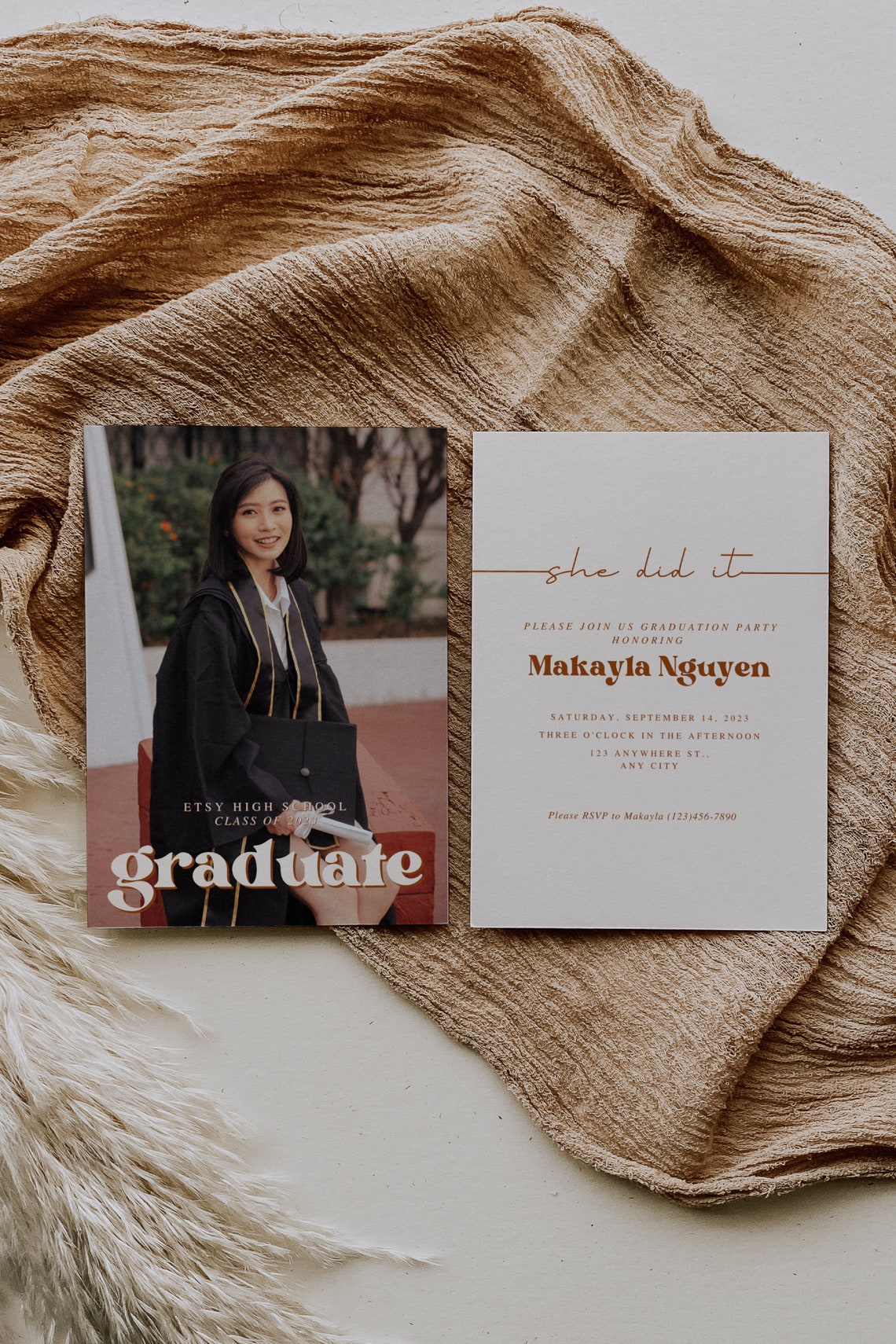 Retro Graduation Ceremony Card Template, Editable Boho Terracotta ...