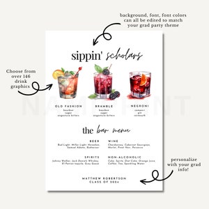Signature Cocktails Sign Template, Modern Graduation Party Bar Menu ...
