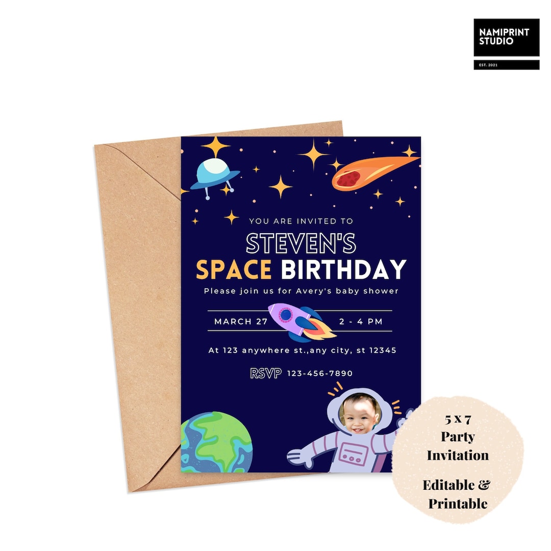 Space Theme Birthday Invitation Card, Outer Space Galaxy Birthday ...