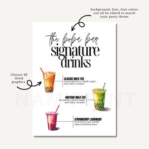 Boba Bar Menu Wedding Sign, Signature Drink Sign, Milk Tea Bar Menu ...