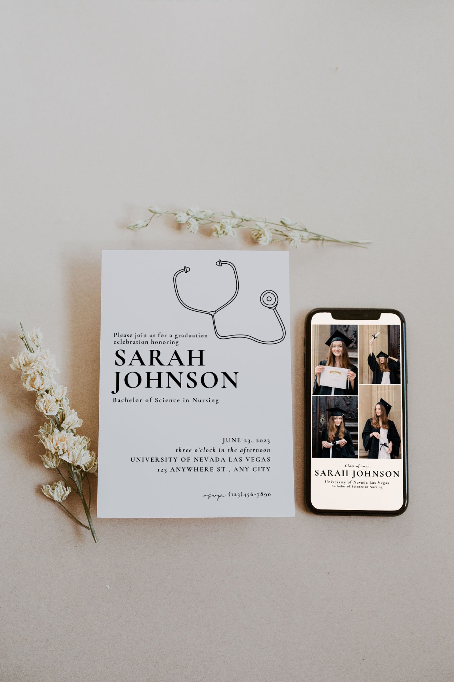 Digital Nurse Graduation Invitation Template, Minimalist RN Graduation ...