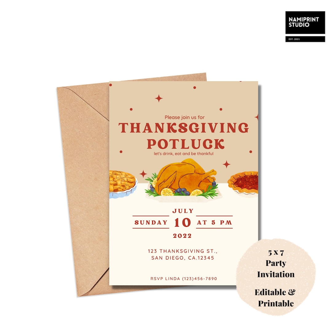 Thanksgiving Potluck Dinner Party Invitation Template, Friendsgiving ...