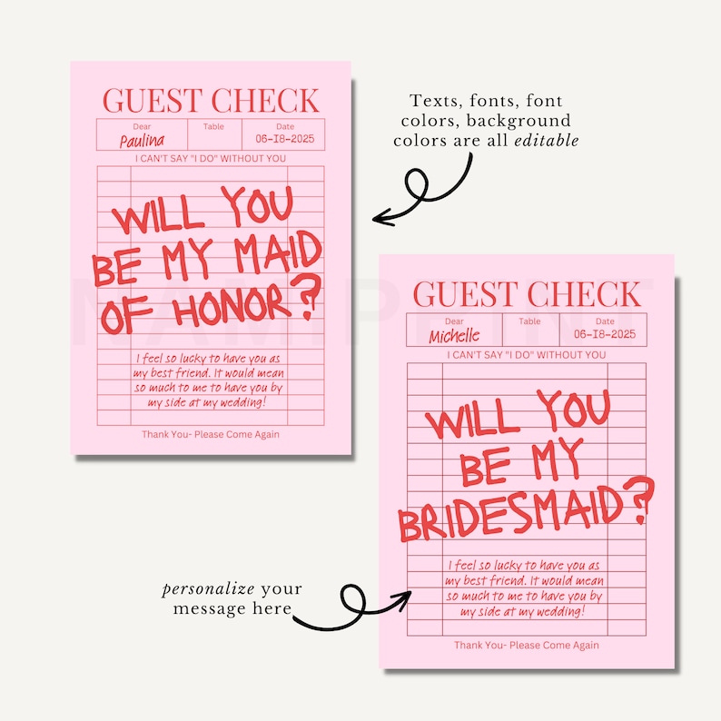 Pink Guest Check Bridesmaid Proposal Template Trendy Guest - Etsy