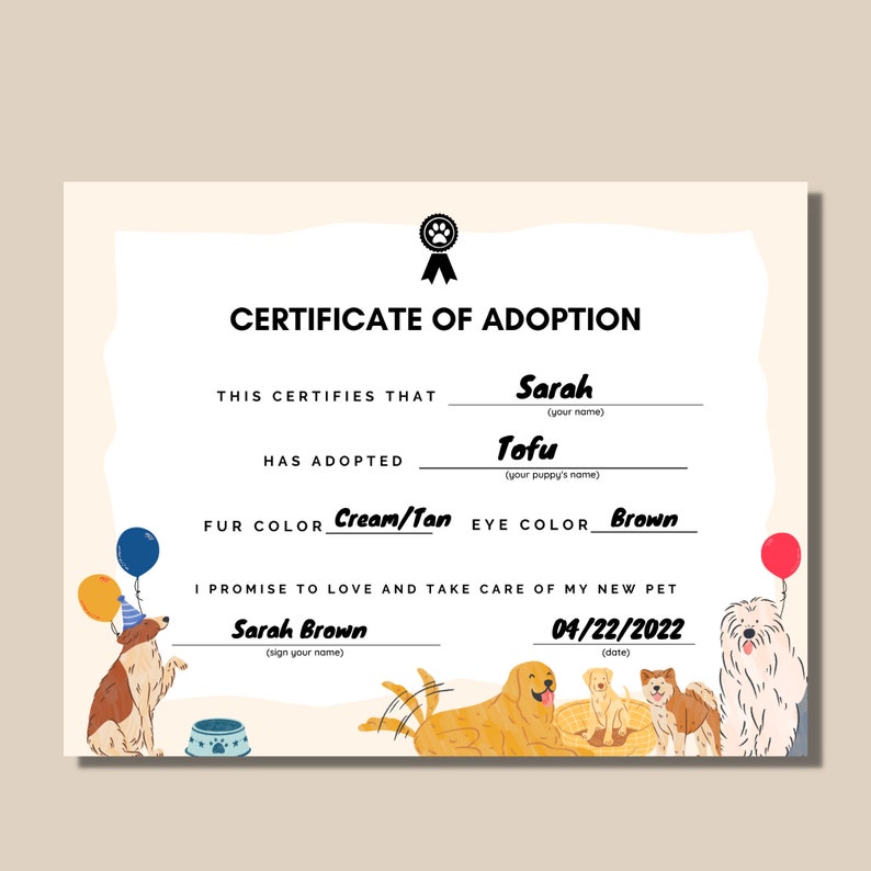 Printable Pet Adoption Certificate Paper Pet Adoption Party - Etsy