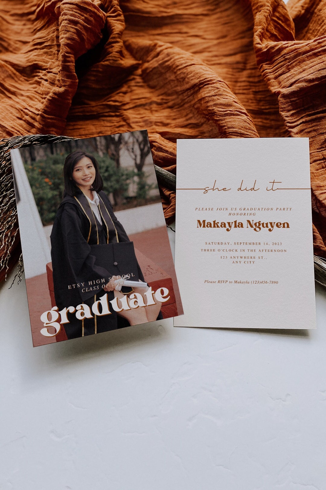 Retro Graduation Ceremony Card Template, Editable Boho Terracotta ...