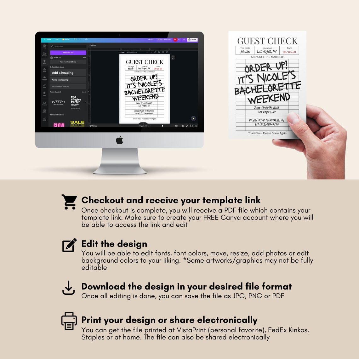 Retro Guest Check Bachelorette Itinerary Template - Etsy