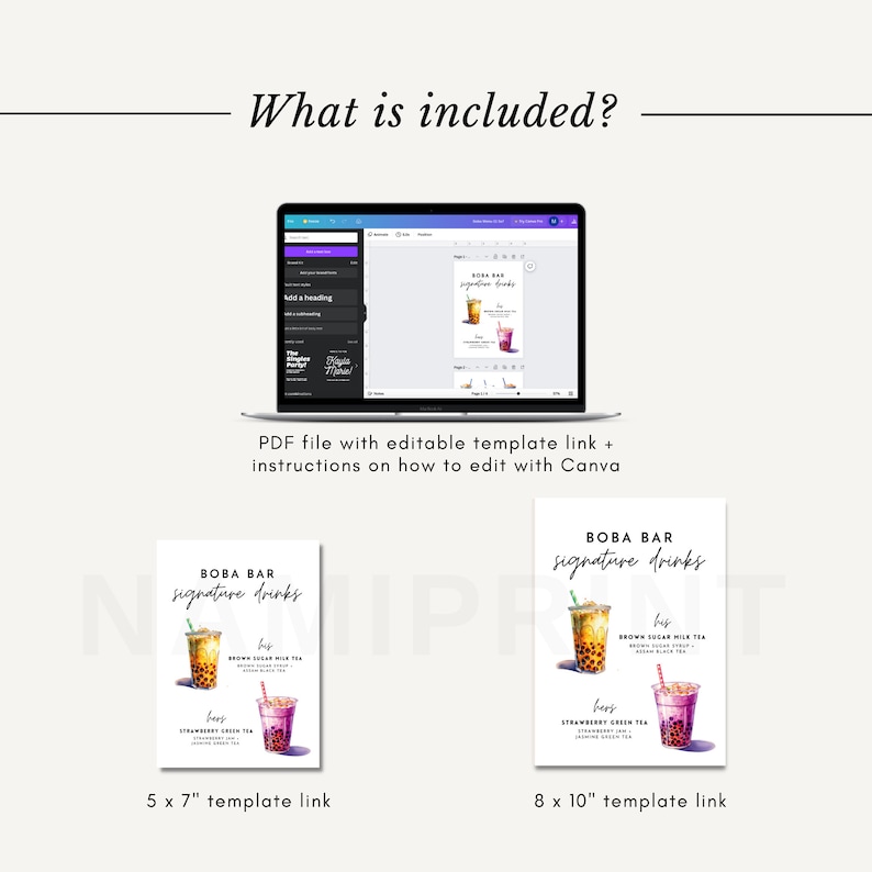 Boba Bar Wedding Sign, Signature Drink Sign, Milk Tea Bar Menu Template ...