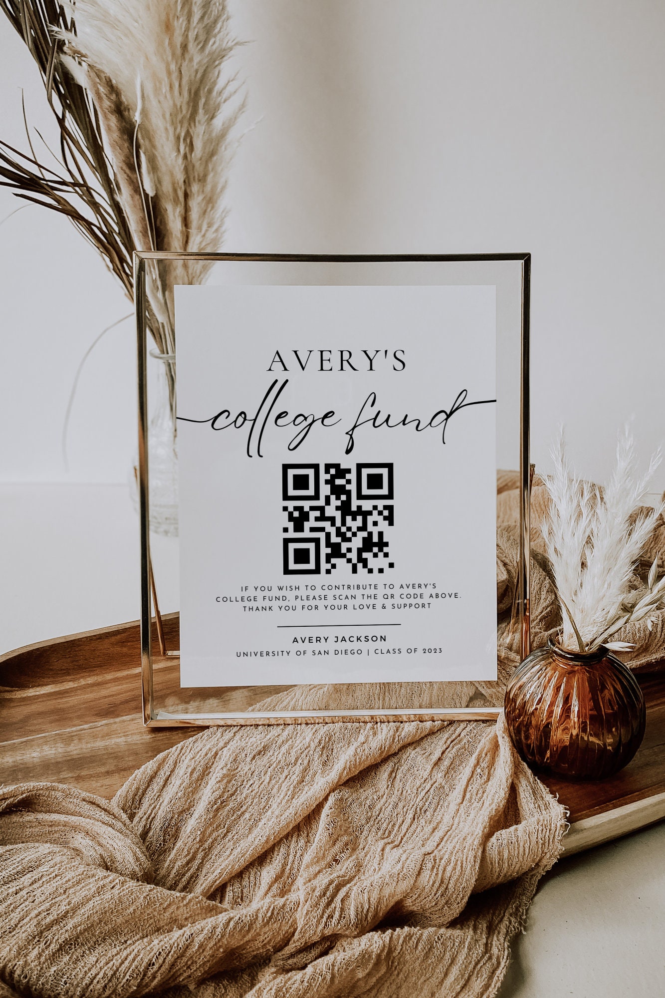 College Fund QR Code Sign, Graduation Party Sign, Modern Minimalist ...