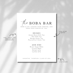 DIY Boba Bar Grad Party Sign, Minimalist Signature Drink Milk Tea Bar ...